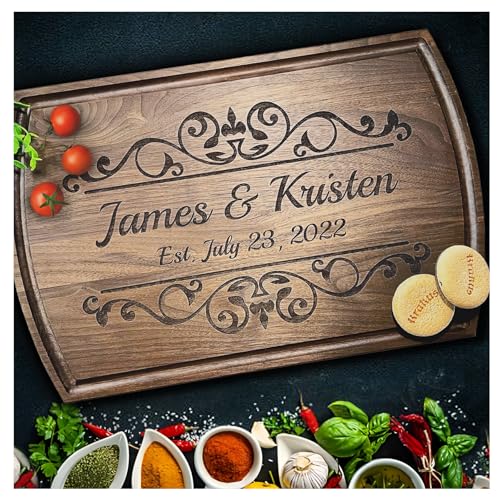 Personalized Wood Cutting Board Handmade in USA – Best Serves as Cheese board, Serving tray, Chopping board, Charcuterie board – Unique Wooden Gift for Wedding, Anniversary, House warming, Christmas