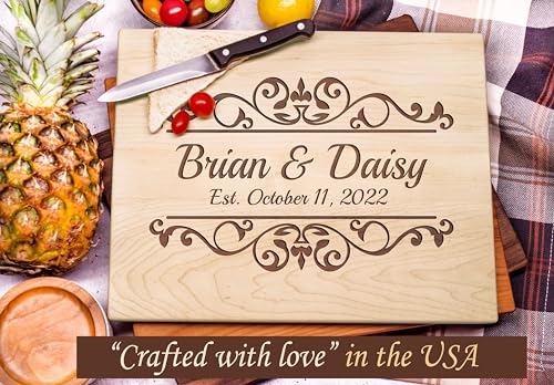 Personalized Wood Cutting Board Handmade in USA – Best Serves as Cheese board, Serving tray, Chopping board, Charcuterie board – Unique Wooden Gift for Wedding, Anniversary, House warming, Christmas