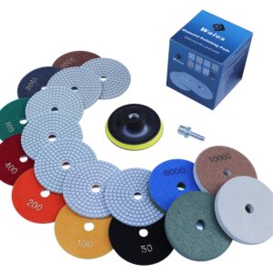 Waies 11 Packs 4 Inch Diamond Polishing Pads with 5/8"-11 Backer Pad 9 PCS Wet/Dry Polish Pad Kit for Drill Grinder Polisher 50-10000 Grit Pads for Marble Tile Quartz Granite Concrete Countertop