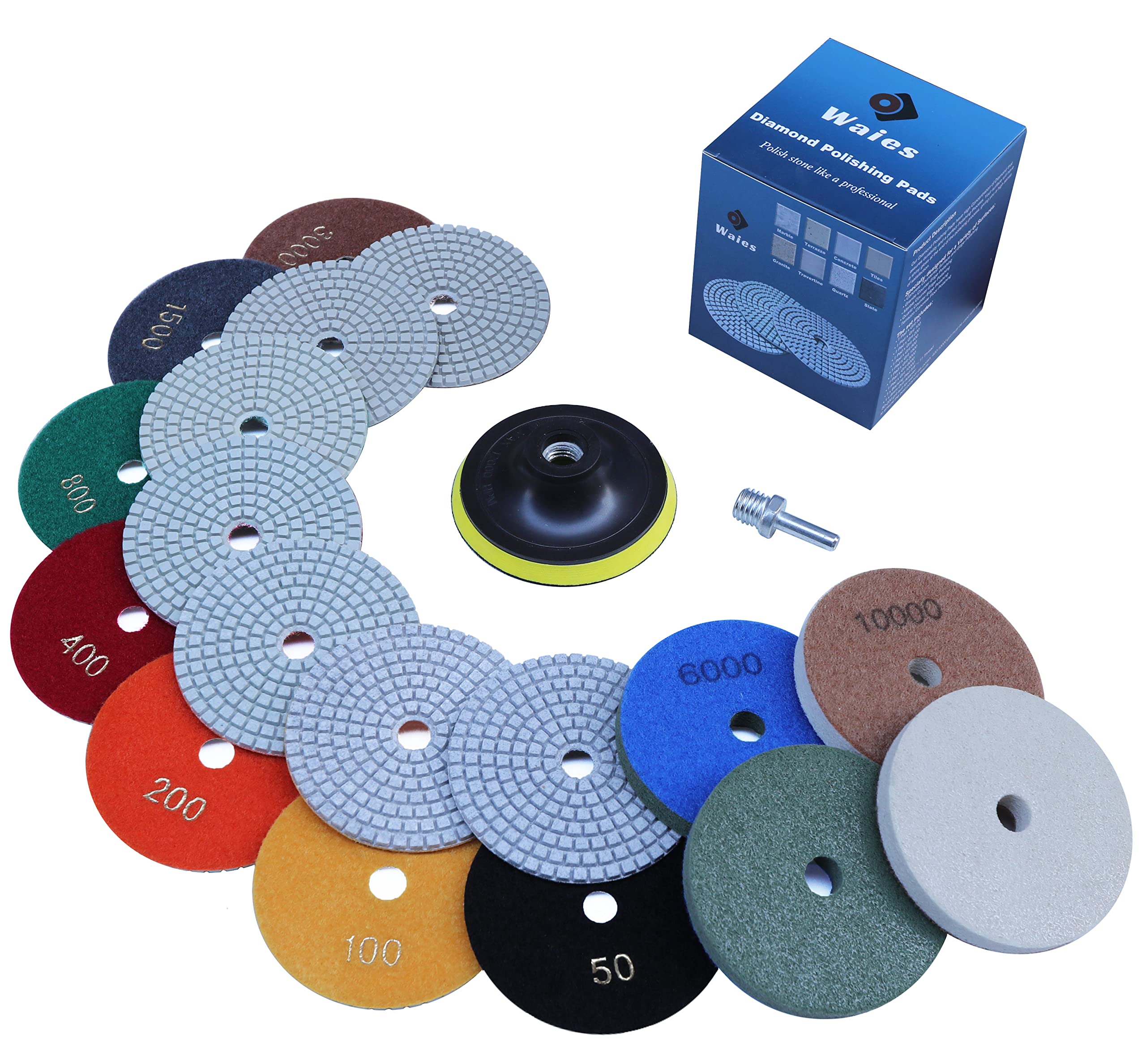 Waies 11 Packs 4 Inch Diamond Polishing Pads with 5/8"-11 Backer Pad 9 PCS Wet/Dry Polish Pad Kit for Drill Grinder Polisher 50-10000 Grit Pads for Marble Tile Quartz Granite Concrete Countertop