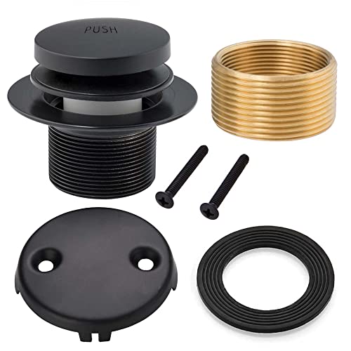 EXAKEY Tub Drain - Tip Toe Bathtub Drain Kit with Two-Hole Overflow Faceplate, Bath Tub Drain with Universal Fine Thread & Coarse Brass Thread Bushing Assembly Anti-Rust Matte Black