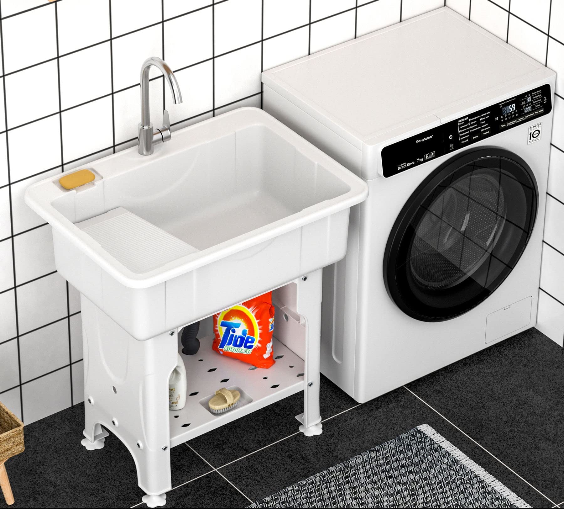 Freestanding Plastic Laundry Sink with Washboard, W31" x D22" x H31.5" Indoor and Outdoor Utility Sink with Cold and Hot Water Faucet, Hoses and Drain Kit for Laundry Room, Garage, Basement, Garden