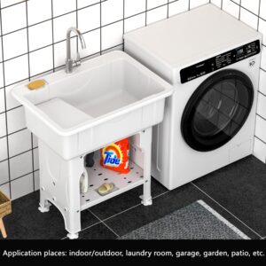 Freestanding Plastic Laundry Sink with Washboard, W31" x D22" x H31.5" Indoor and Outdoor Utility Sink with Cold and Hot Water Faucet, Hoses and Drain Kit for Laundry Room, Garage, Basement, Garden