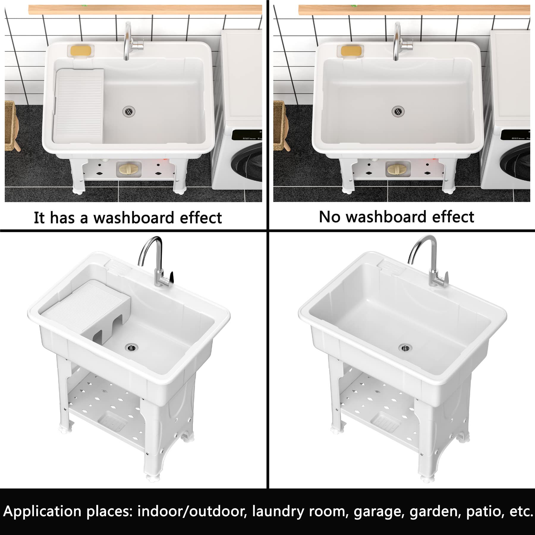 Freestanding Plastic Laundry Sink with Washboard, W31" x D22" x H31.5" Indoor and Outdoor Utility Sink with Cold and Hot Water Faucet, Hoses and Drain Kit for Laundry Room, Garage, Basement, Garden