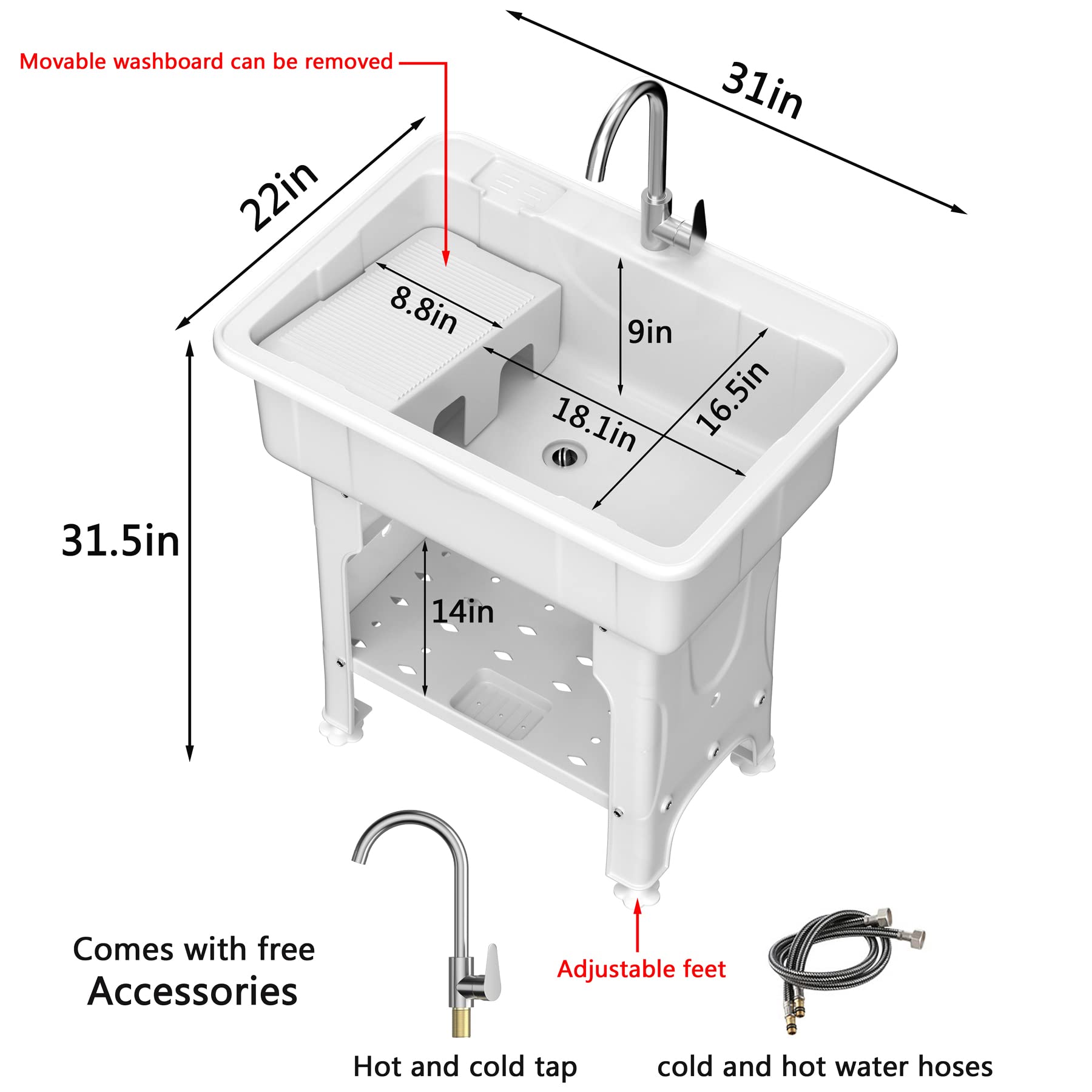 Freestanding Plastic Laundry Sink with Washboard, W31" x D22" x H31.5" Indoor and Outdoor Utility Sink with Cold and Hot Water Faucet, Hoses and Drain Kit for Laundry Room, Garage, Basement, Garden