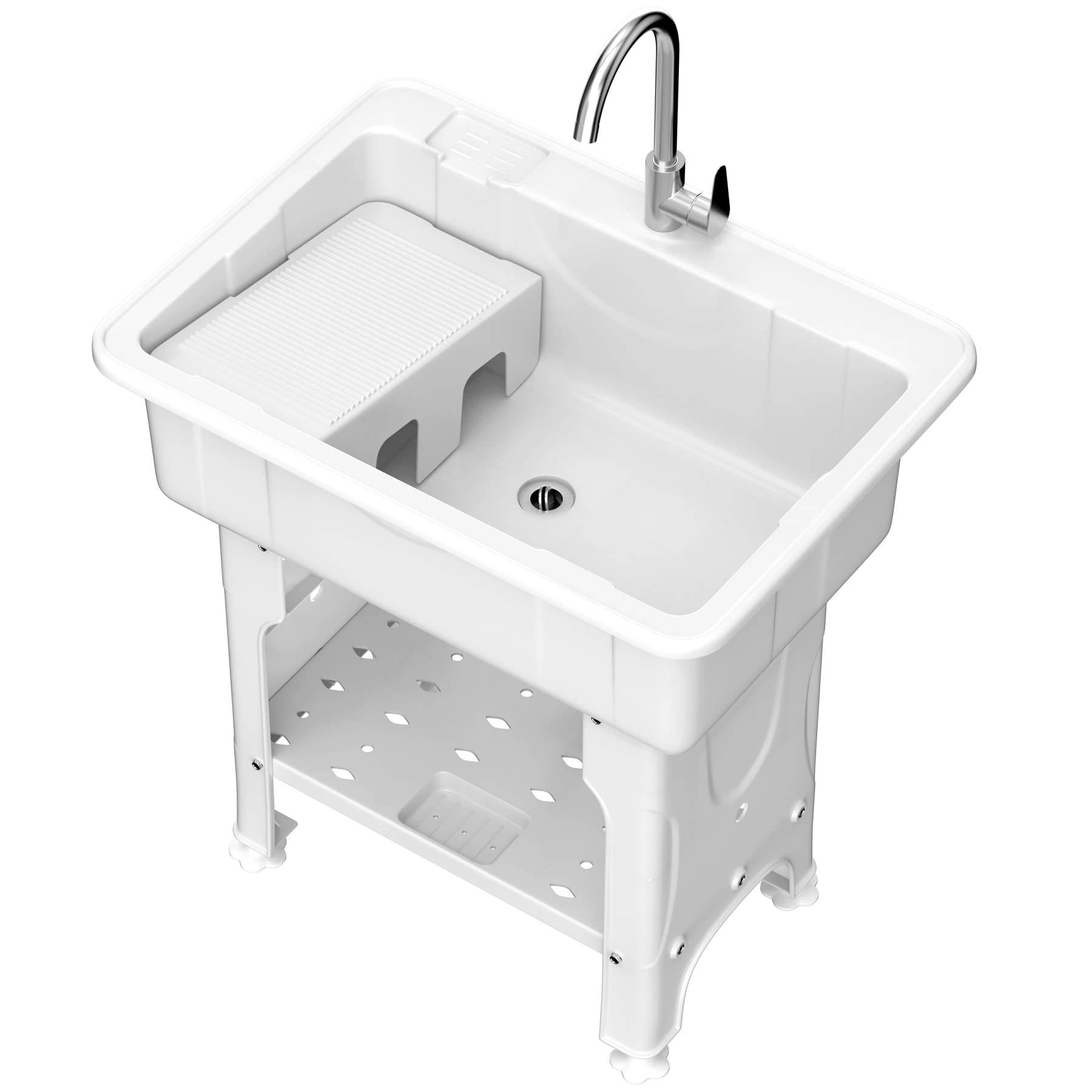 Freestanding Plastic Laundry Sink with Washboard, W31" x D22" x H31.5" Indoor and Outdoor Utility Sink with Cold and Hot Water Faucet, Hoses and Drain Kit for Laundry Room, Garage, Basement, Garden