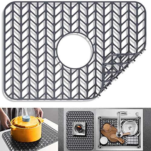 Silicone sink mat protectors for Kitchen 18.2''x 12.5''.JIUBAR Kitchen Sink Protector Grid for Farmhouse Stainless Steel accessory with Center Drain.(Grey)