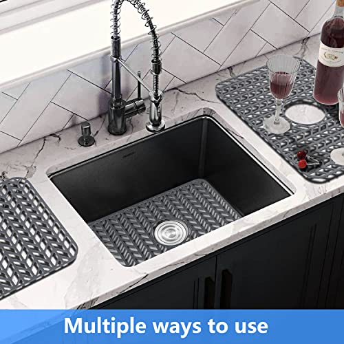 Silicone sink mat protectors for Kitchen 18.2''x 12.5''.JIUBAR Kitchen Sink Protector Grid for Farmhouse Stainless Steel accessory with Center Drain.(Grey)