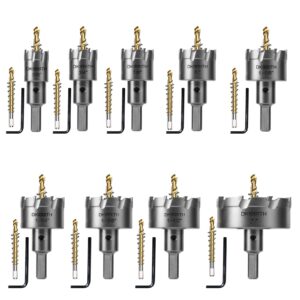 carbide hole saw kit, tct hole saw set heavy duty for 9 precise holes in stainless steel hard metal,size 5/8” 3/4” 7/8” 1” 1-1/8” 1-1/4” 1-3/8” 1-1/2” 2”, 9 extra pilot bits in carrying case