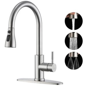 gagalife brushed nickel kitchen faucet with pull down sprayer - high arc stainless steel kitchen sink faucet, 3-function pull out kitchen faucet, single hole single handle sink faucet, modern faucets