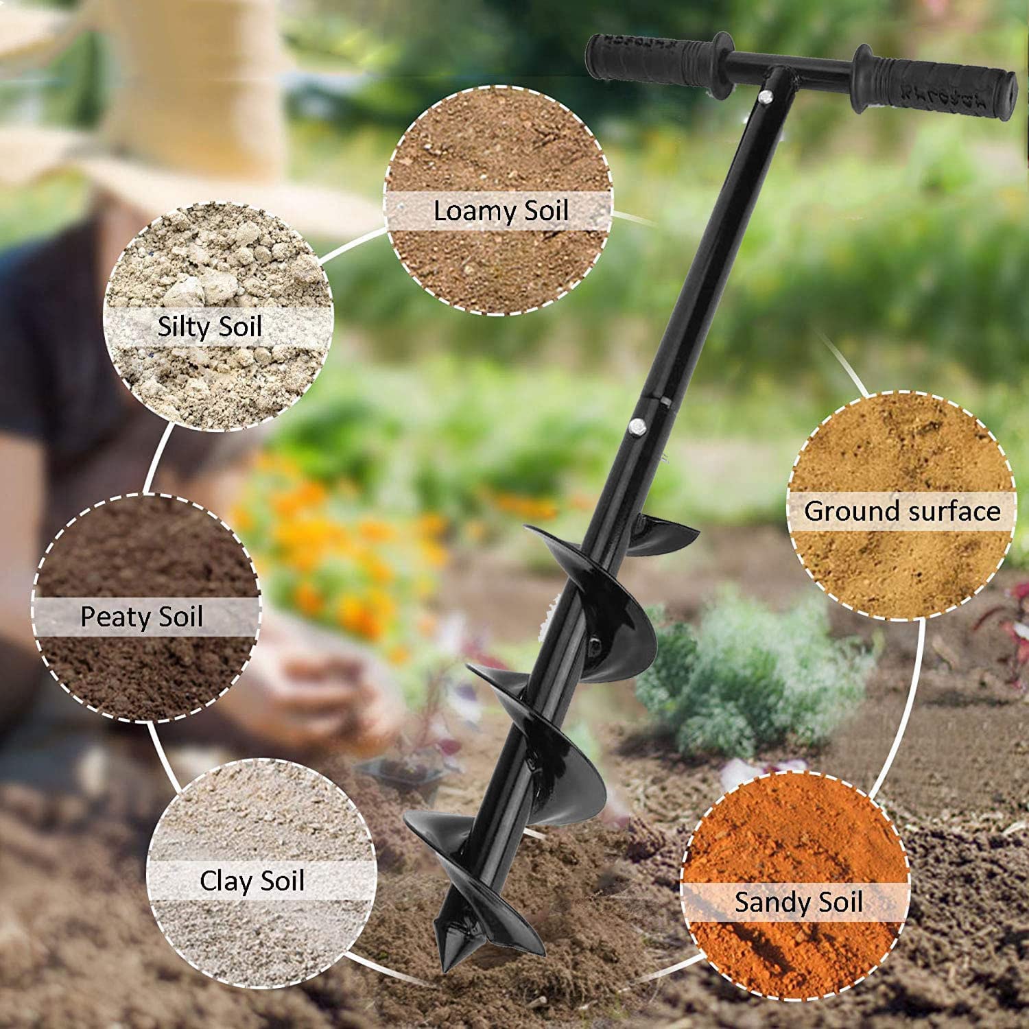 Hand Drill Auger Post Hole Digger, T Shaped 32''x 4" Garden Auger Spiral Drill Bit with Non-Slip Handle, Hand Operated Auger Drill Bit for Planting Bulb Flower Tree Seedlings Umbrella Fence Holes