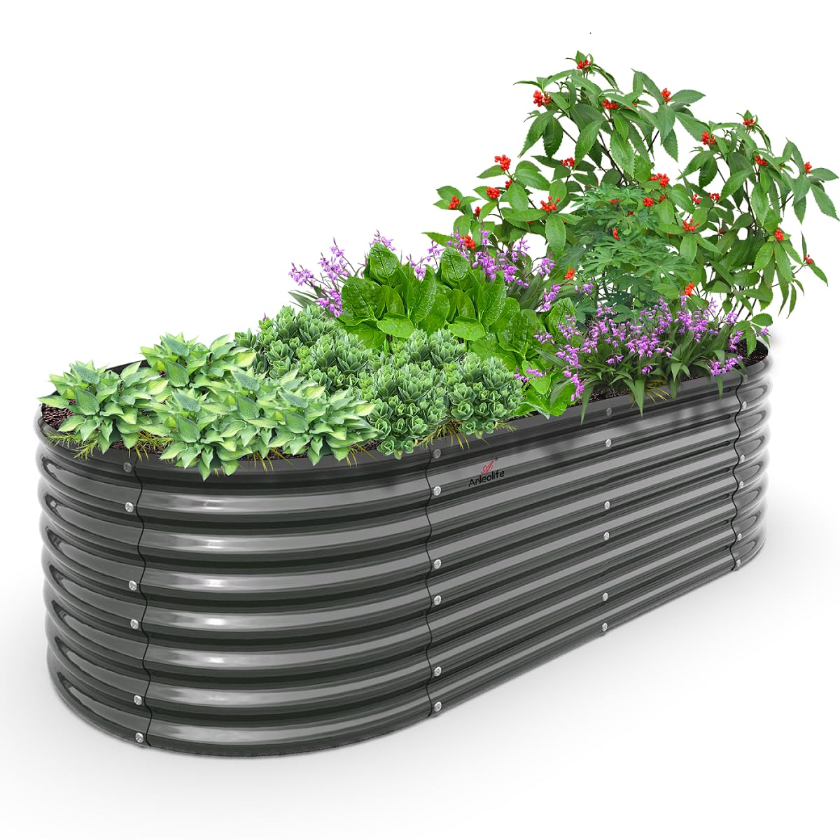 A ANLEOLIFE 8X4X2 ft Galvanized Raised Garden Beds Outdoor, Oval Large Metal Deep Root Planter Box for Planting Vegetables Flowers Herb, Anti-Rust & Easy-Setup, Quartz Grey