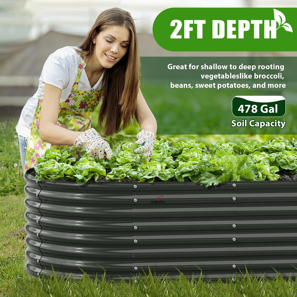 A ANLEOLIFE 8X4X2 ft Galvanized Raised Garden Beds Outdoor, Oval Large Metal Deep Root Planter Box for Planting Vegetables Flowers Herb, Anti-Rust & Easy-Setup, Quartz Grey