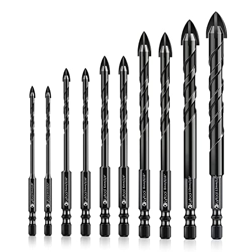 Masonry Concrete Drill Bit Set, Lytool 10Pcs Ceramic Tile Bits for Drill, Carbide Tip Hex Shank Bit for Brick, Tile, Wood, Glass, Plastic, Wall Mirror, Paver on Concrete or Brick Wall, 1/8" to 1/2"