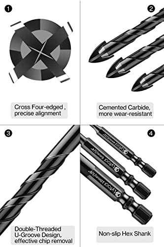 Masonry Concrete Drill Bit Set, Lytool 10Pcs Ceramic Tile Bits for Drill, Carbide Tip Hex Shank Bit for Brick, Tile, Wood, Glass, Plastic, Wall Mirror, Paver on Concrete or Brick Wall, 1/8" to 1/2"