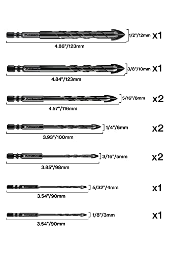 Masonry Concrete Drill Bit Set, Lytool 10Pcs Ceramic Tile Bits for Drill, Carbide Tip Hex Shank Bit for Brick, Tile, Wood, Glass, Plastic, Wall Mirror, Paver on Concrete or Brick Wall, 1/8" to 1/2"