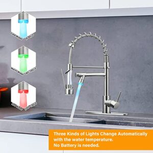 KZH Kitchen Faucet with Pull Down Sprayer Commercial Single Handle Stainless Steel Two Spout Kitchen Sink Faucet with LED Light,Deck Plate,Brushed Nickel