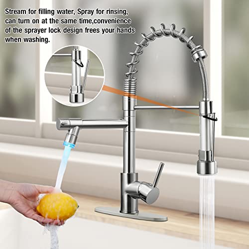 KZH Kitchen Faucet with Pull Down Sprayer Commercial Single Handle Stainless Steel Two Spout Kitchen Sink Faucet with LED Light,Deck Plate,Brushed Nickel