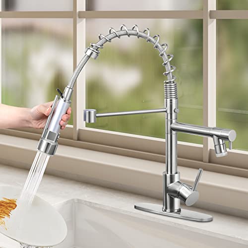 KZH Kitchen Faucet with Pull Down Sprayer Commercial Single Handle Stainless Steel Two Spout Kitchen Sink Faucet with LED Light,Deck Plate,Brushed Nickel