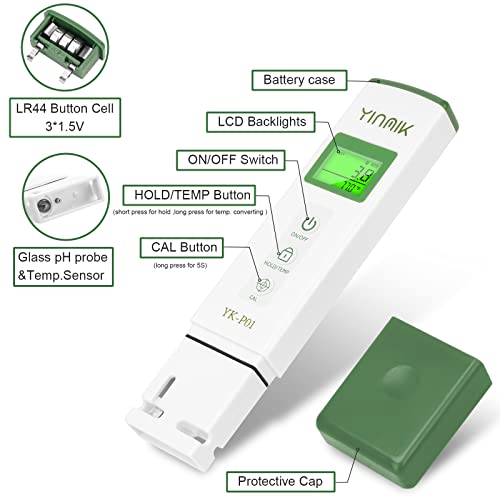 YINMIK YK-P01 pH Tester Digital pH Meter for Water Hydroponics, Accurate pH Temp Meter with ATC for Pool, Spa, Hot Tub, Indoor Plants, Drinking Water, Wine Beer Home Brewing, Aquarium