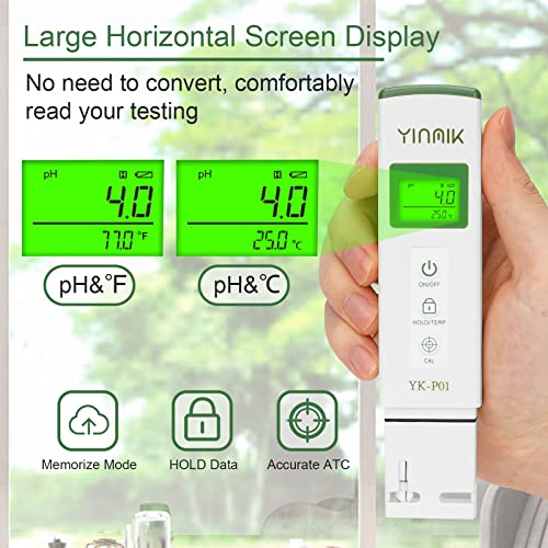 YINMIK YK-P01 pH Tester Digital pH Meter for Water Hydroponics, Accurate pH Temp Meter with ATC for Pool, Spa, Hot Tub, Indoor Plants, Drinking Water, Wine Beer Home Brewing, Aquarium