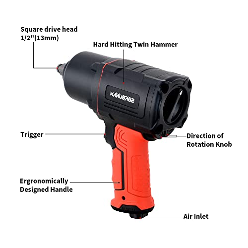 MANUSAGE Air Impact Wrench 1/2 inch with Twin Hammers, Pneumatic Heavy Duty Tools, 1200 ft-lbs Powerful Torque Output,7000RPM, Forward/Reverse, Speed Control, RP9510, Black, Red