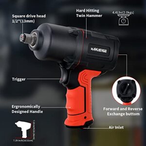 MANUSAGE Air Impact Wrench 1/2 inch with Twin Hammers, Pneumatic Heavy Duty Tools, 1200 ft-lbs Powerful Torque Output,7000RPM, Forward/Reverse, Speed Control, RP9510, Black, Red