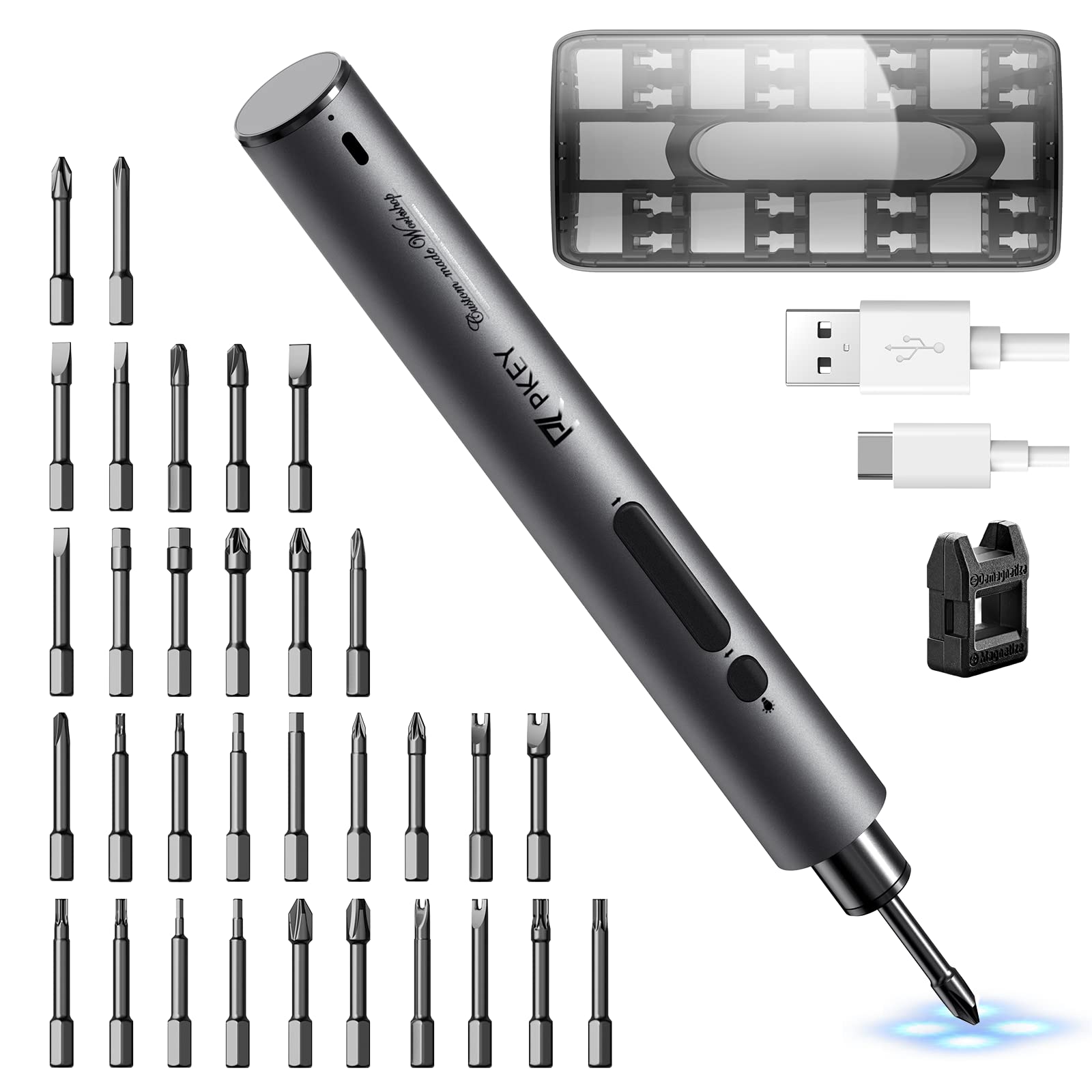 PKEY Electric Screwdriver Set, Cordless Screwdriver with 32 Magnetic Bits & 4 LED Lights, Torque Adjustment, Rechargeable 2000mAh Battery, Repair Tool Kit for Door Locks, Printers, Computer, Bicycle