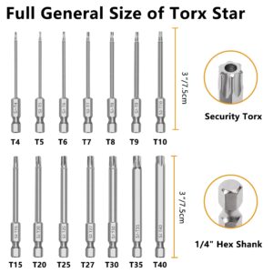 MulWark 14PC Security Torx Bit Set 3" Long Tamper Proof Star Screwdriver Bit Set 1/4" Hex Shank S2 Steel T4 - T40 Magnetic Impact Driver Drill Bits