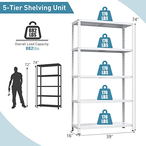 Giantex 5-Tier Storage Shelves, 39 x 16 x 74 Inch Height Adjustable Steel Garage Storage Rack with Foot Pads, Heavy Duty Garage Shelving for Warehouse, Basement, Kitchen, White