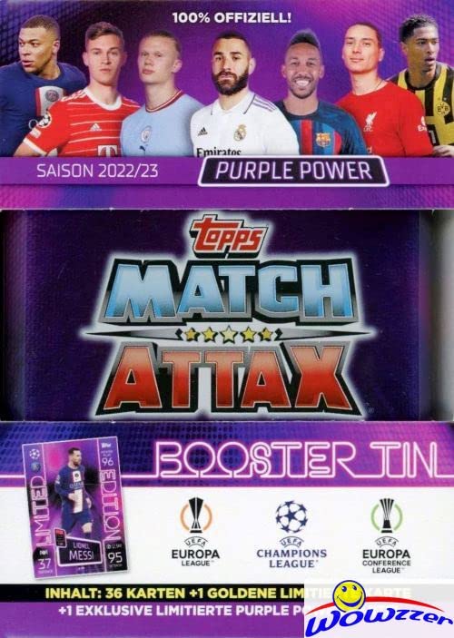 2022/23 Topps Match Attax Champions League Soccer EXCLUSIVE Collectors Booster TIN with 38 Cards Including (2) LIMITED EDITION Cards! Look for Haaland, Ronaldo, Messi, Mbappe, Pedri & More! WOWZZER