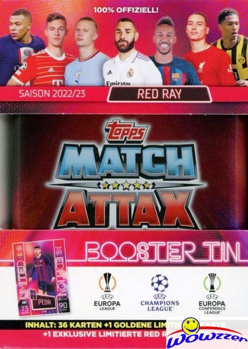 2022/23 Topps Match Attax Champions League Soccer EXCLUSIVE Collectors Booster TIN with 38 Cards Including (2) LIMITED EDITION Cards! Look for Haaland, Ronaldo, Messi, Mbappe, Pedri & More! WOWZZER