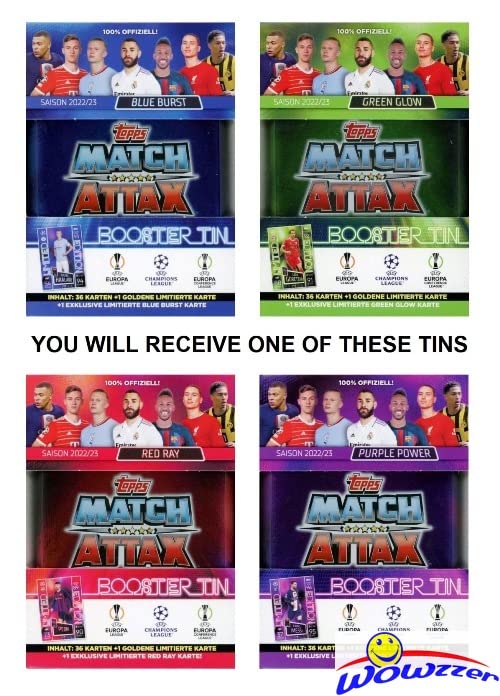 2022/23 Topps Match Attax Champions League Soccer EXCLUSIVE Collectors Booster TIN with 38 Cards Including (2) LIMITED EDITION Cards! Look for Haaland, Ronaldo, Messi, Mbappe, Pedri & More! WOWZZER