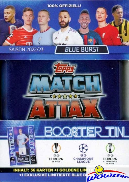 2022/23 Topps Match Attax Champions League Soccer EXCLUSIVE Collectors Booster TIN with 38 Cards Including (2) LIMITED EDITION Cards! Look for Haaland, Ronaldo, Messi, Mbappe, Pedri & More! WOWZZER