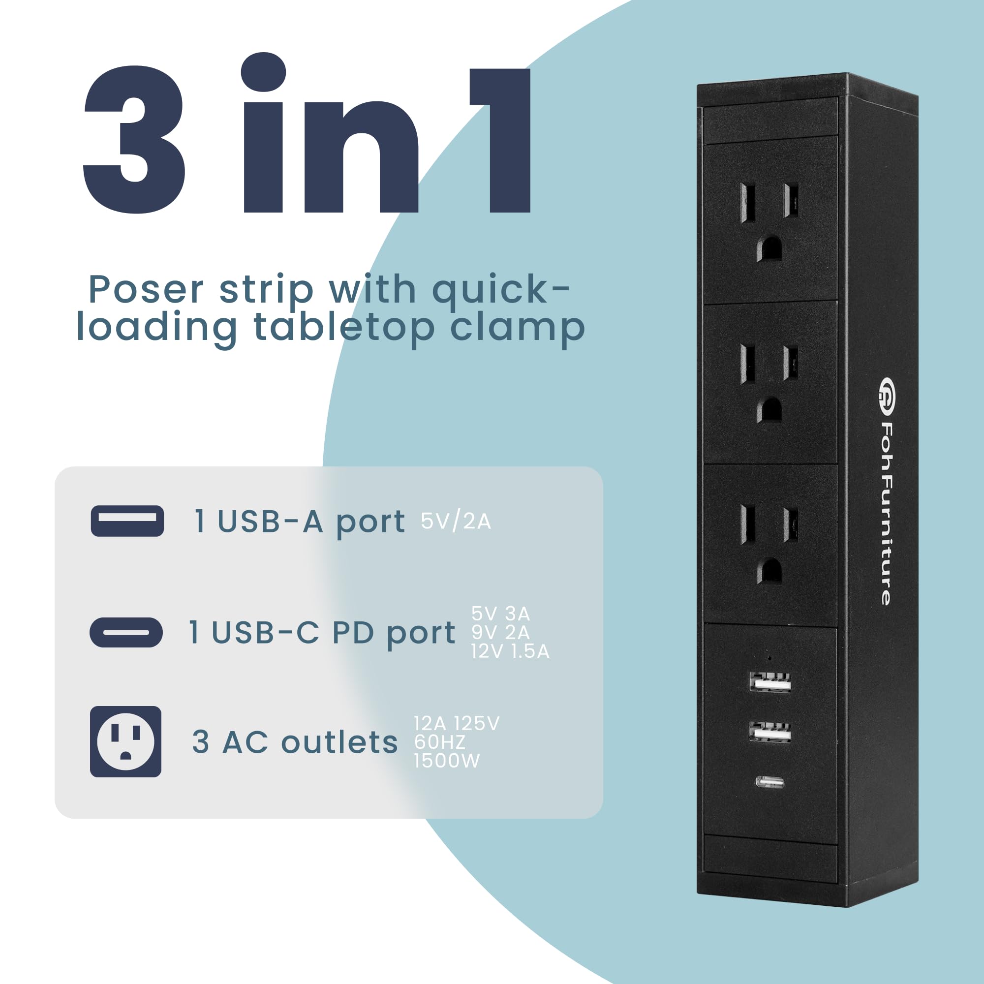 Fohfurniture 5-in-1 Fast Charging, Sliding Desk Clamp Power Strip with 3 AC Outlet Ports, 1 USB-A Port, and 1 USB-C Port and 6ft Cord (Black)