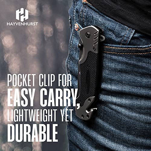 Hayvenhurst Tactical - Folding Knife - EDC Knife - Pocket Knife For Men With Pointed Stainless Steel Blade and Aluminium Handle - Everyday Carry Knife With Pocketclip, Bottle Opener