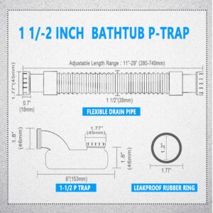 Low Profile 1 1/2 P Trap, Flexible Bathtub Shower Drain Pipe, Flat P Trap Freestanding Tub Drain for Bath