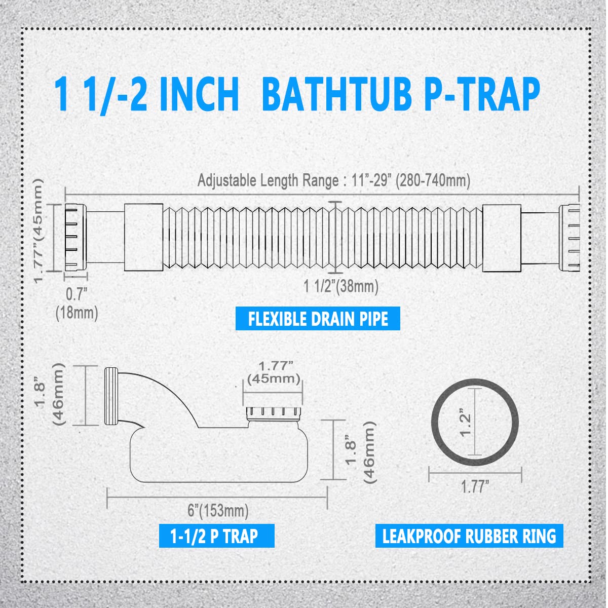 Low Profile 1 1/2 P Trap, Flexible Bathtub Shower Drain Pipe, Flat P Trap Freestanding Tub Drain for Bath