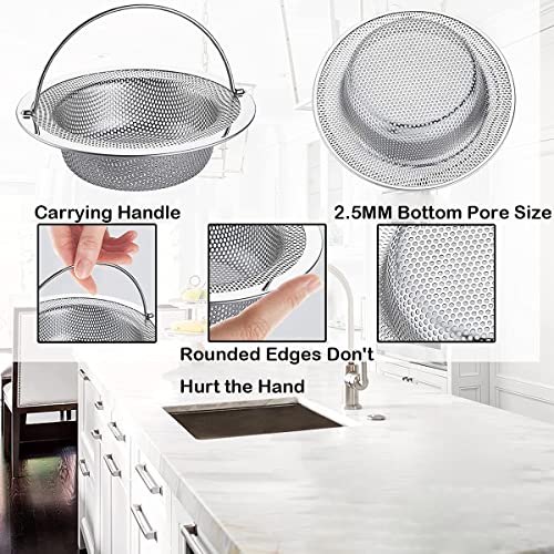 Kitchen Sink Strainer, 2 Pack Stainless Steel Sink Drain Basket, Full Mesh Hole 4.4" Deepen Large Sink Stopper with Handle for Most Sink Drains