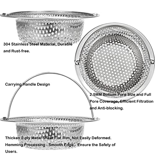 Kitchen Sink Strainer, 2 Pack Stainless Steel Sink Drain Basket, Full Mesh Hole 4.4" Deepen Large Sink Stopper with Handle for Most Sink Drains