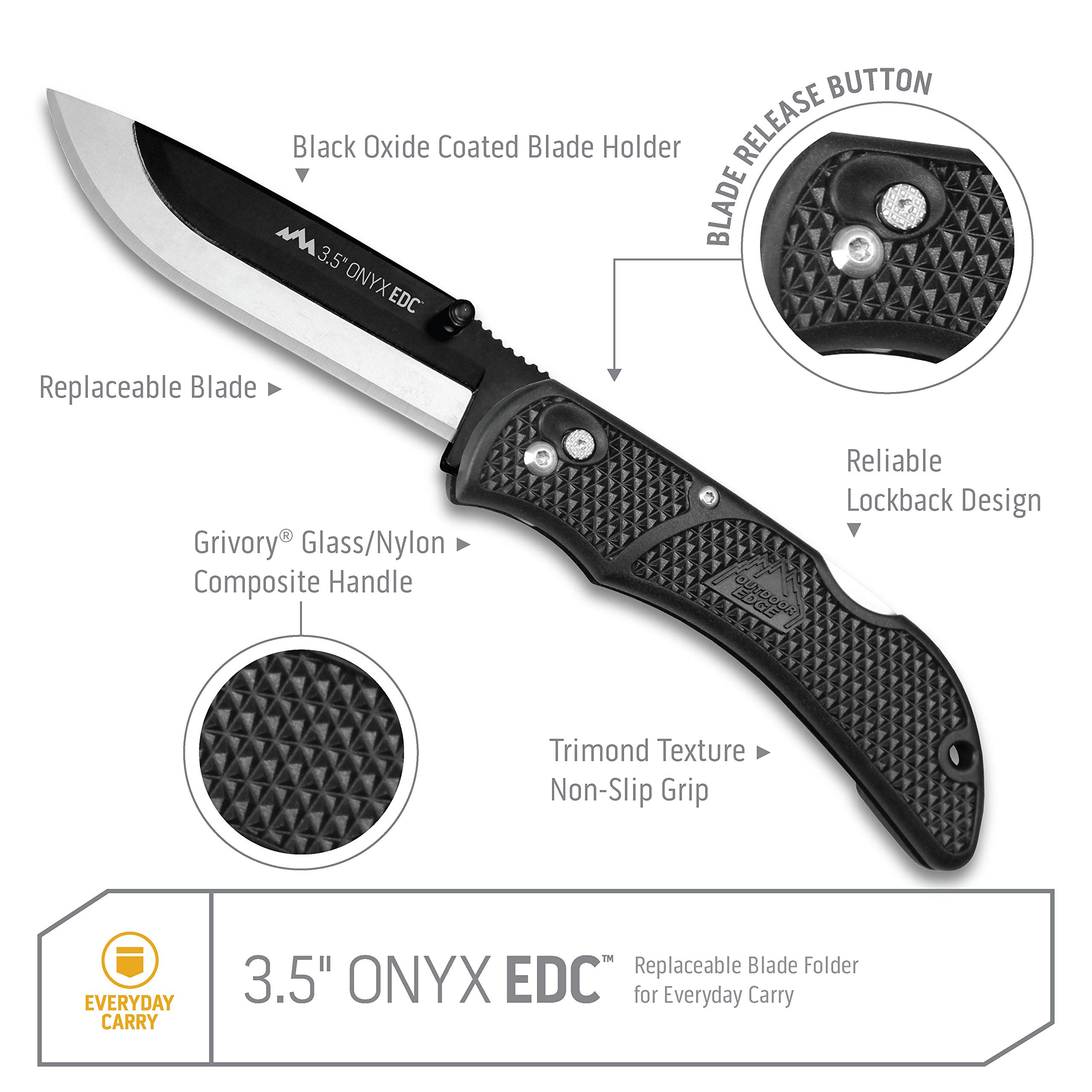 OUTDOOR EDGE 3.5" Onyx EDC - Pocket Knife with Replaceable Blades and Pocket Clip. The Perfect Razor Sharp EDC Knife. Black with 27 Extra Blades