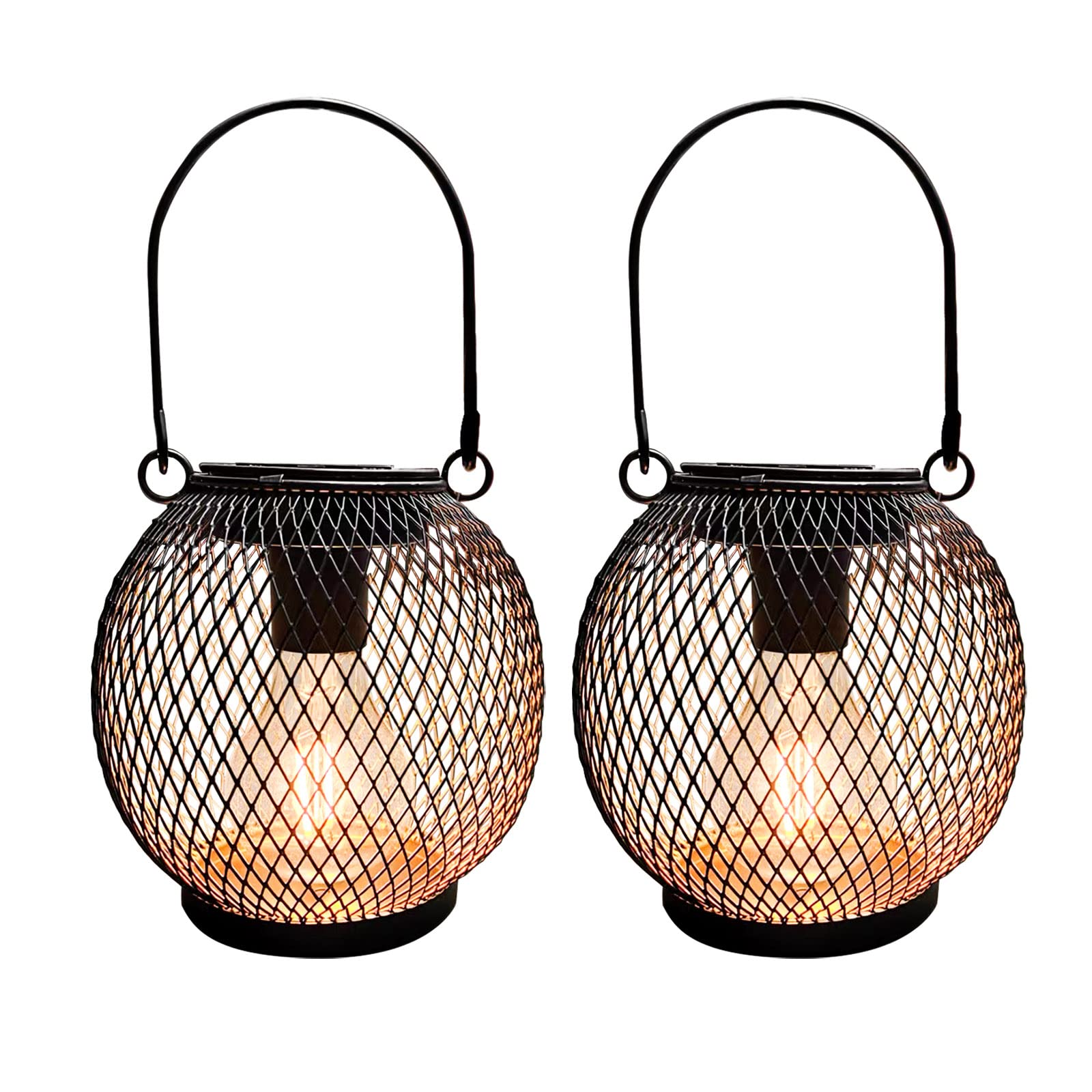 pearlstar Solar Lanterns Outdoor Hanging 2Pack Black Solar Table Lamp with Edison Bulbs for Camping Yard Patio Garden Decoration, Waterproof Hanging Lights (Black)