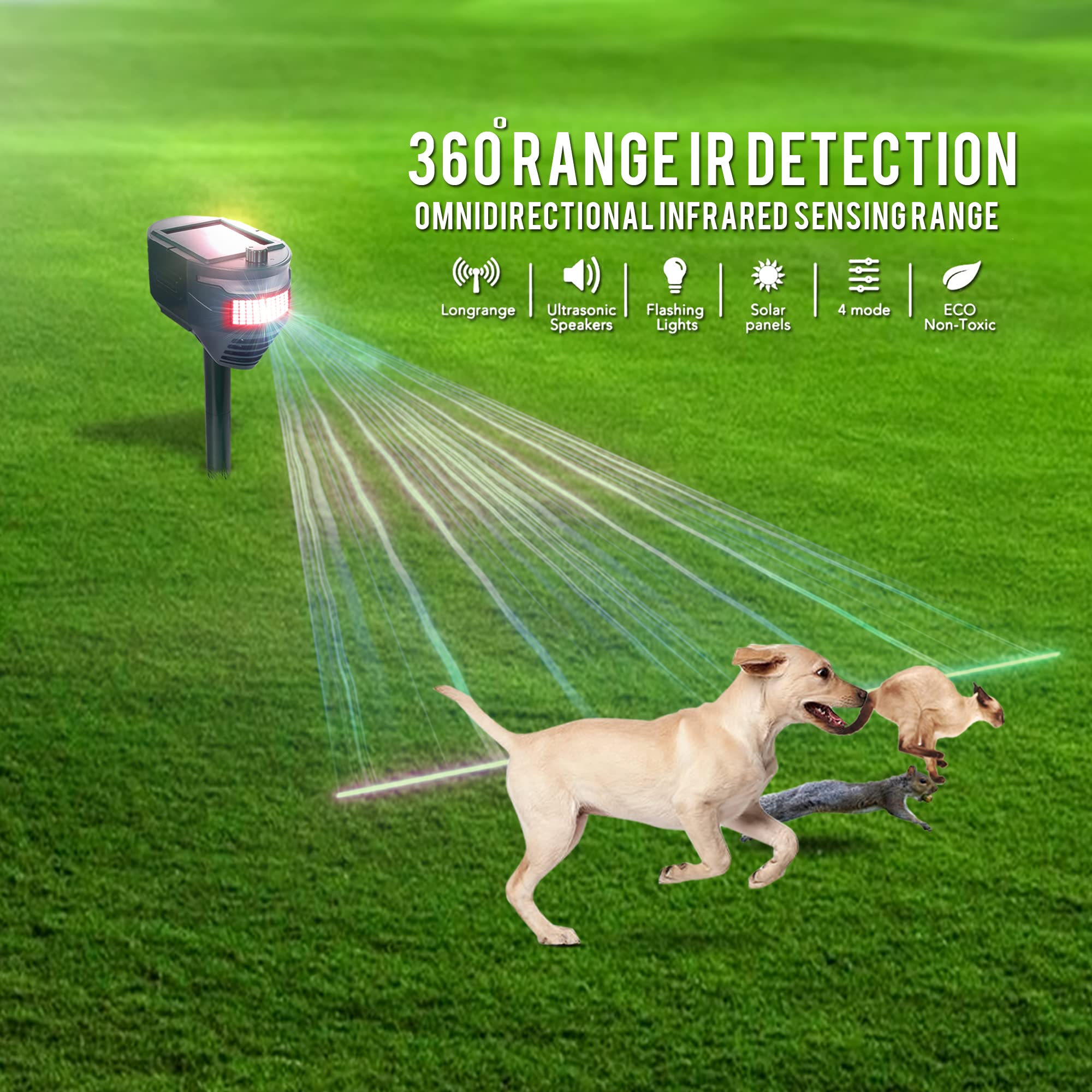 flyastar Solar Powered Animal Repeller Outdoor, Ultrasonic Repellent for Farm Yard Garden, Deterrent Devices Repel Cat, Dog, Squirrel, Raccoon, Skunk, Rabbit, Rodent, Fox, Deer, etc, Green, (AR-544)