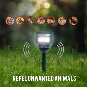 flyastar Solar Powered Animal Repeller Outdoor, Ultrasonic Repellent for Farm Yard Garden, Deterrent Devices Repel Cat, Dog, Squirrel, Raccoon, Skunk, Rabbit, Rodent, Fox, Deer, etc, Green, (AR-544)