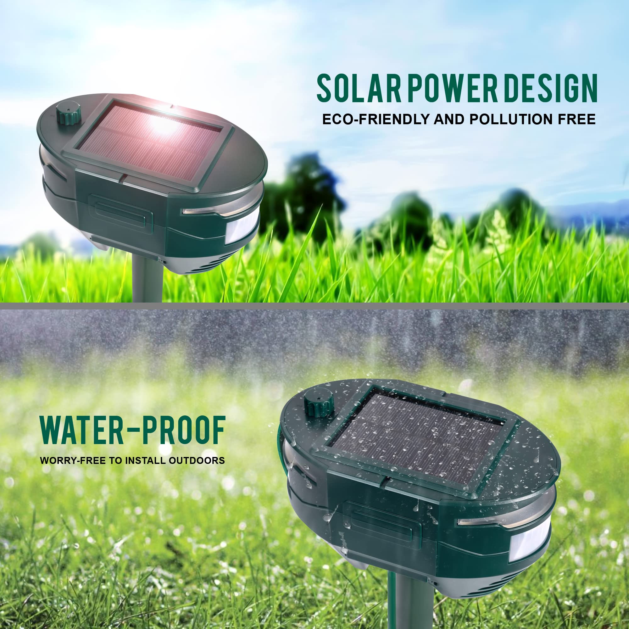 flyastar Solar Powered Animal Repeller Outdoor, Ultrasonic Repellent for Farm Yard Garden, Deterrent Devices Repel Cat, Dog, Squirrel, Raccoon, Skunk, Rabbit, Rodent, Fox, Deer, etc, Green, (AR-544)