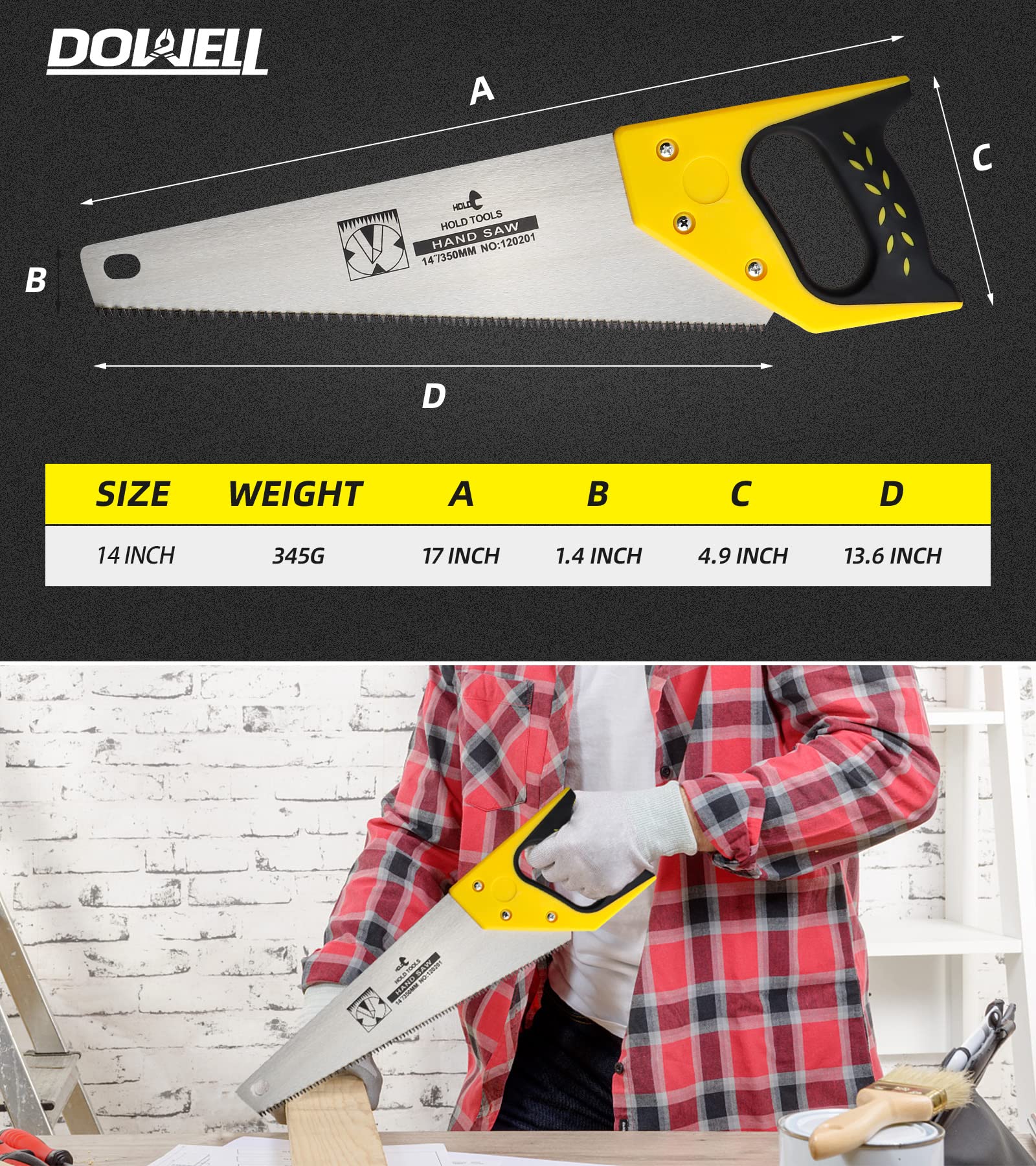 DOWELL 14 in Hand Saw - 11 TPI Fine Cuts Wood Saw Perfect for Sawing, Trimming, Gardening, Cutting Wood, Drywall, Plastic Pipes, Sharp Blade - Crosscut Saw, HY041107