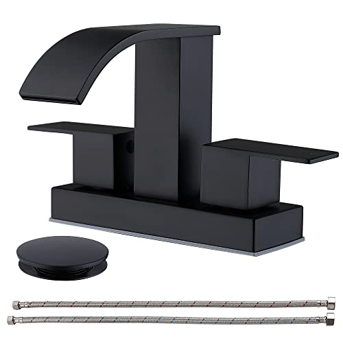 JXMMP 4 inch Bathroom Faucet 2 Hole, Stainless Steel 2 Handle Black Matte Waterfall Centerset Bathroom Faucet with Pop Up Drain and Supply Lines, Modern Black Sink Faucets Bathroom