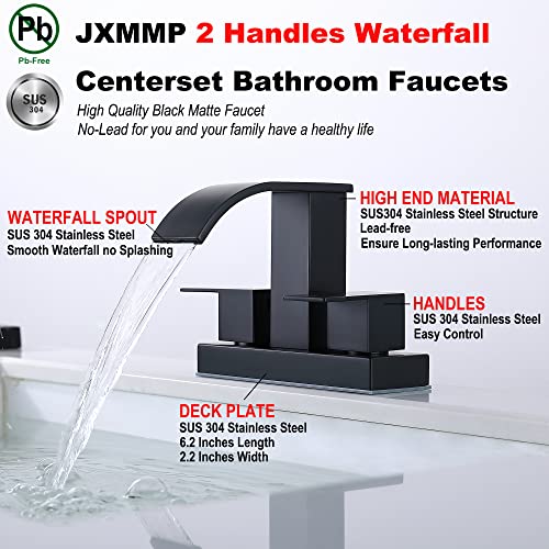 JXMMP 4 inch Bathroom Faucet 2 Hole, Stainless Steel 2 Handle Black Matte Waterfall Centerset Bathroom Faucet with Pop Up Drain and Supply Lines, Modern Black Sink Faucets Bathroom