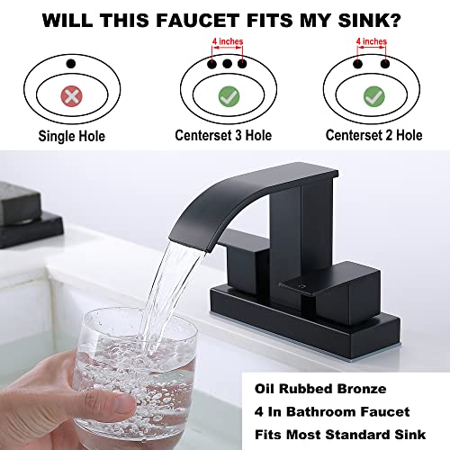 JXMMP 4 inch Bathroom Faucet 2 Hole, Stainless Steel 2 Handle Black Matte Waterfall Centerset Bathroom Faucet with Pop Up Drain and Supply Lines, Modern Black Sink Faucets Bathroom