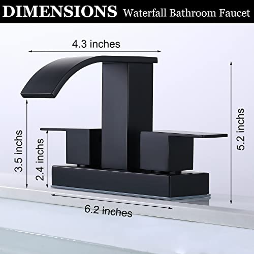 JXMMP 4 inch Bathroom Faucet 2 Hole, Stainless Steel 2 Handle Black Matte Waterfall Centerset Bathroom Faucet with Pop Up Drain and Supply Lines, Modern Black Sink Faucets Bathroom